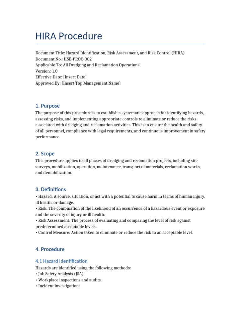 HIRA Procedure for Dredging Safety | PDF | Risk | Risk Assessment