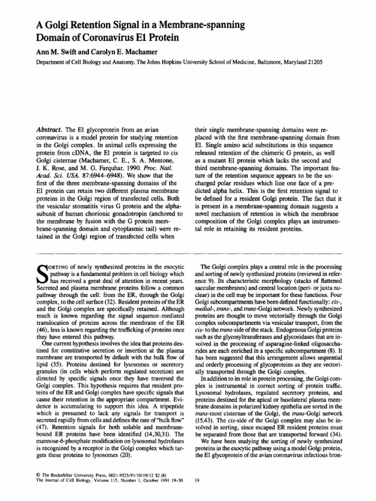 1991 A Golgi Retention Signal in A Membrane-Spanning Domain of ...