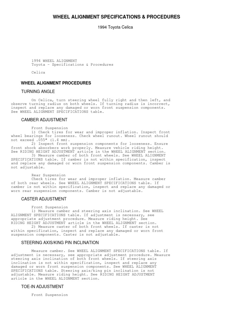 Wheel Alignment Specs and Procedures | PDF | Steering | Land Vehicles