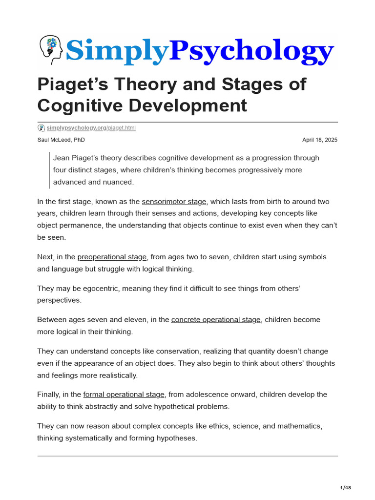 Piagets Theory and Stages of Cognitive Development | PDF | Schema ...