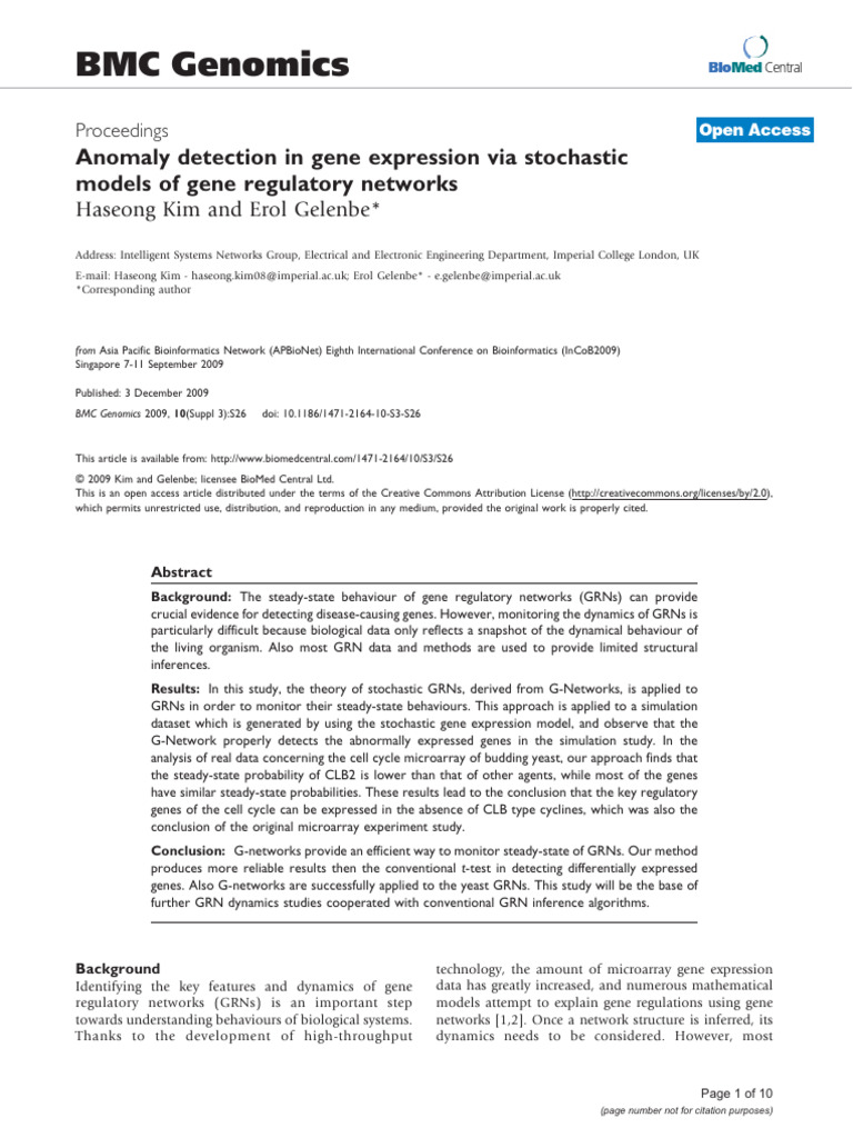 Anomaly Detection in Gene Expression Via Stochastic Models of Gene Regulatory Networks | PDF ...