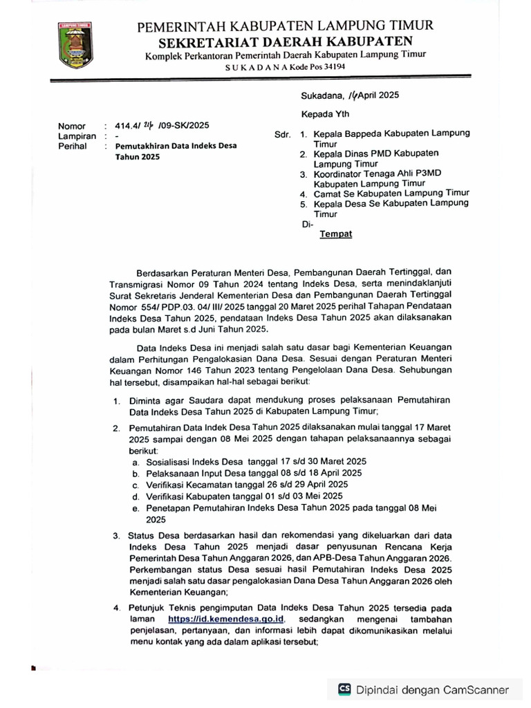 Surat Pemuktahiran Data Indeks Desa Tahun 2025 | PDF
