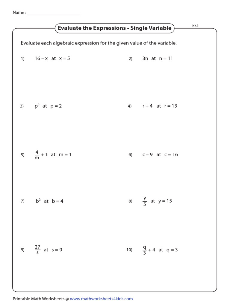 Algebra Evaluating Expressions Single Variable Easy All Key | PDF | Syntax (Logic) | Formalism ...