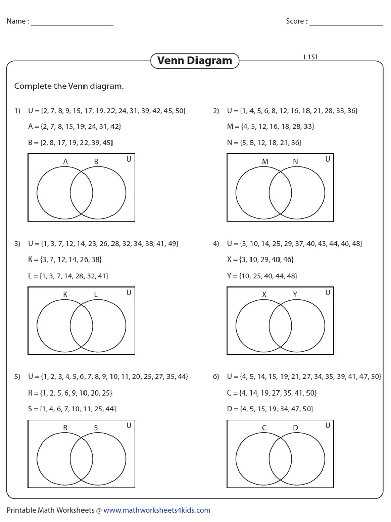 Venn Diagram Complete Two Sets Level1 All Key | PDF