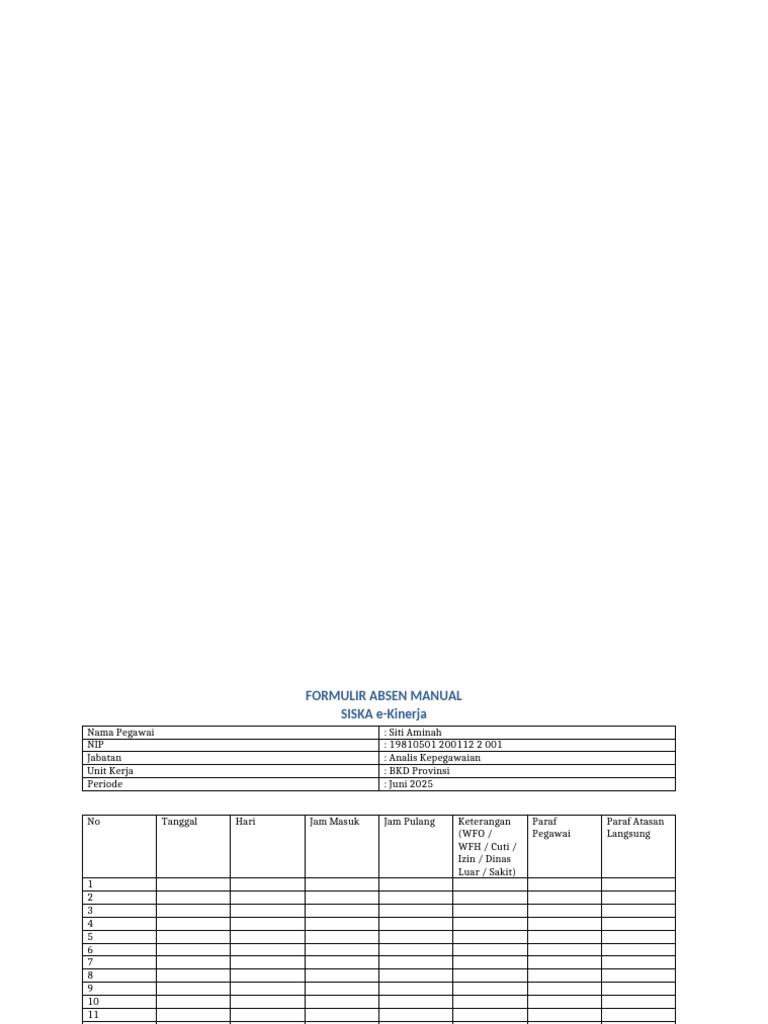 Format Absen Manual Siska EKinerja 3nama | PDF