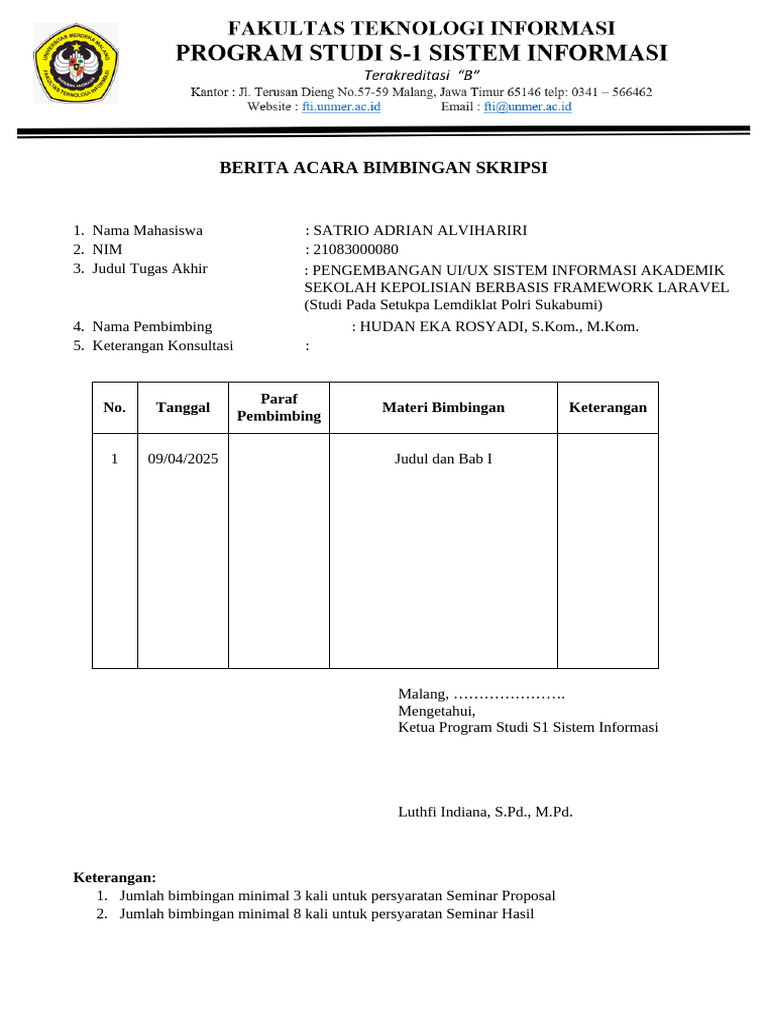 Template Berita Acara Bimbingan Skripsi | PDF