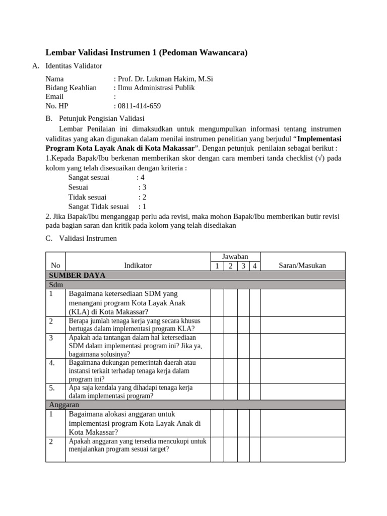 Lembar Validasi Instrumen Wawancara (PAK LUKMAN) | PDF