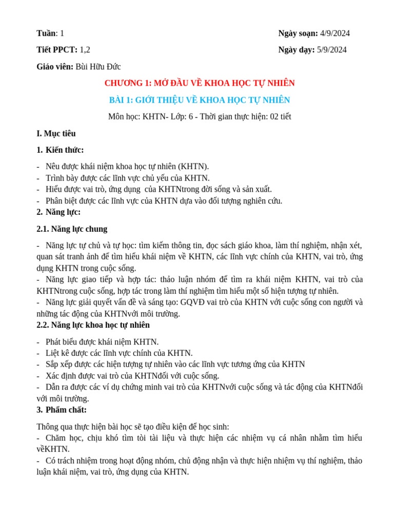 KHBD Bai 1. Gioi Thieu Ve KHTN | PDF