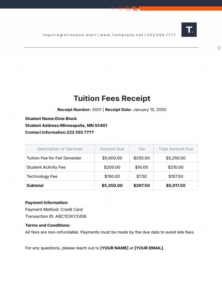 Tuition Fees Receipt Template | PDF