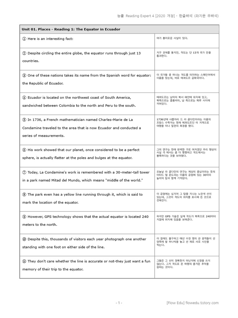 능률 Reading Expert 4 (2020 개정) - 한줄해석 (좌지문 우해석) | PDF