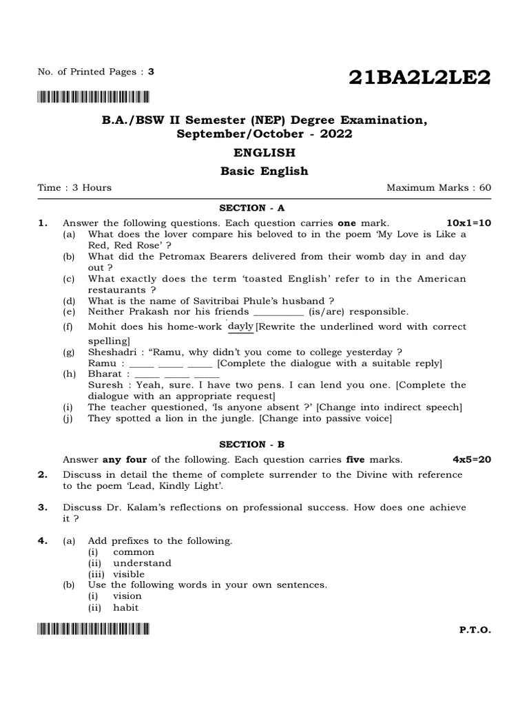 English Exam Paper: B.A./BSW II Semester | PDF