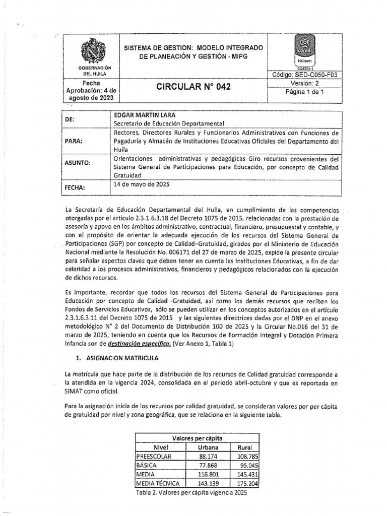 Circular 42 Orientaciones Ejec Rec. Calidad Gratuidad | PDF