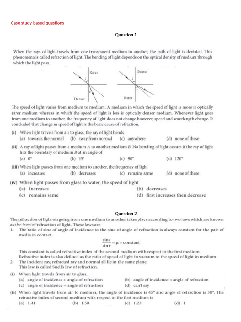 Case Study Class 10 Science Light Refraction | PDF