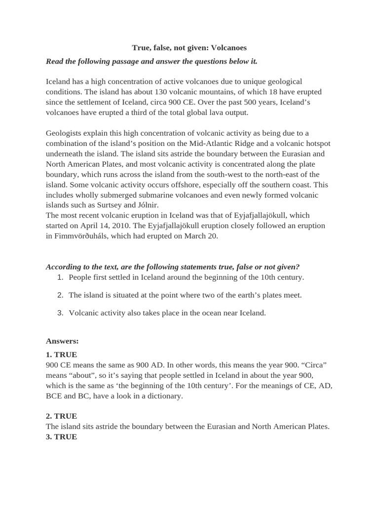 Iceland's Volcanoes: True or False Quiz | PDF