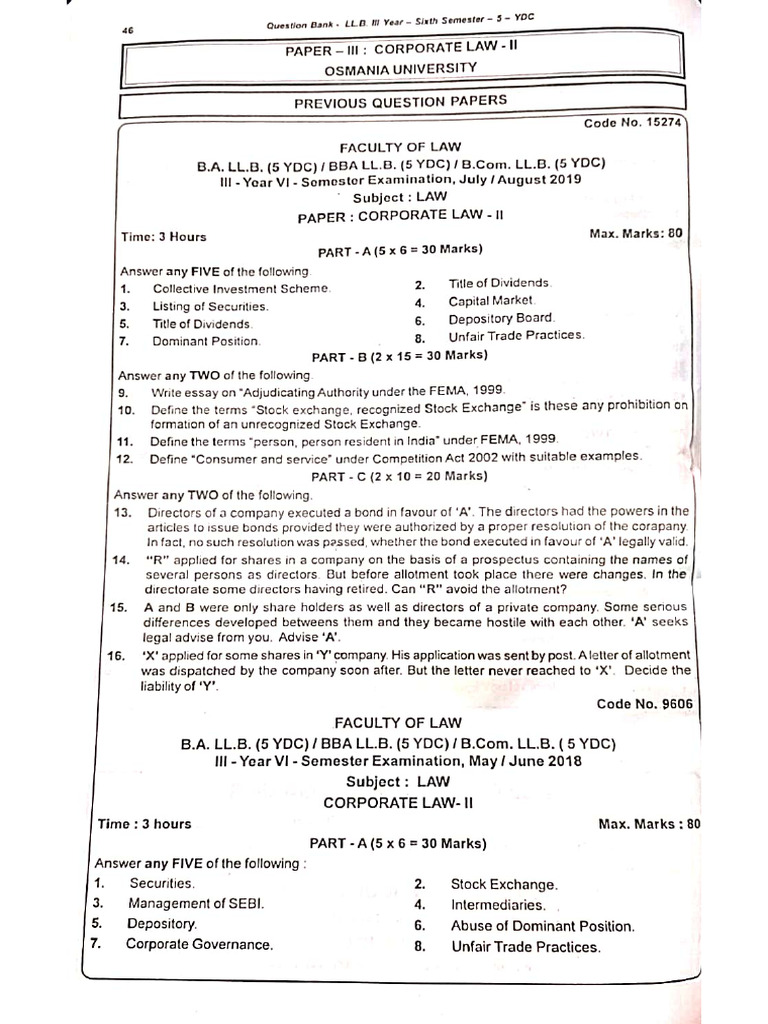 Corporate Law Question Papers Osmania University | PDF
