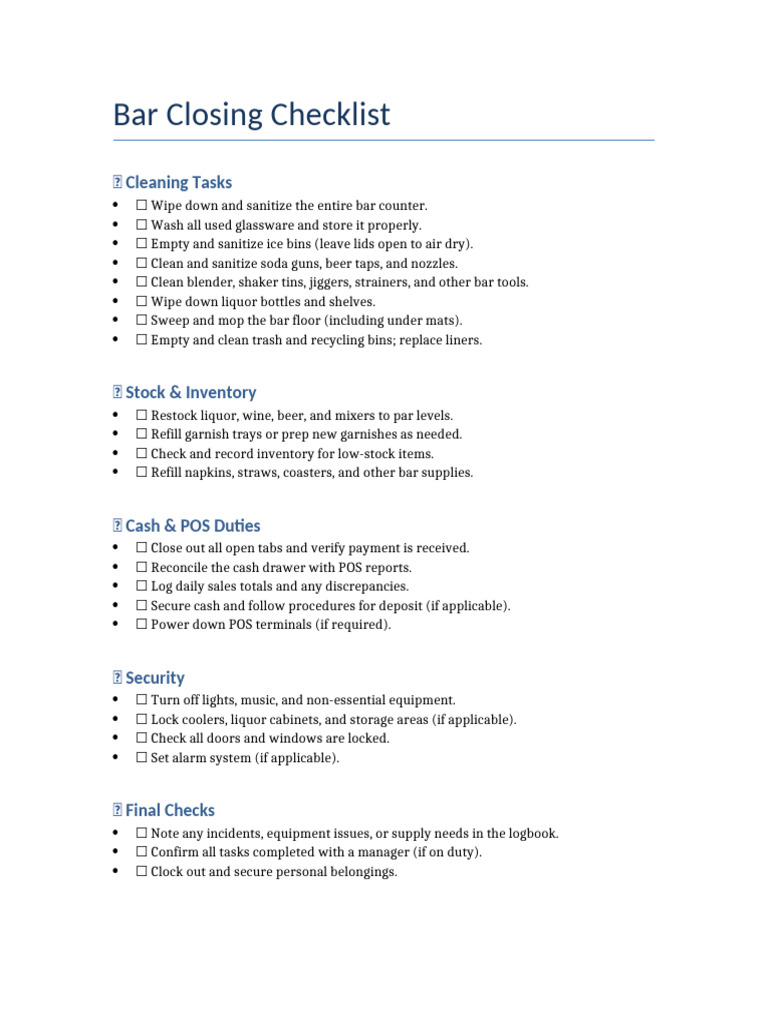 Bar Closing Checklist | PDF