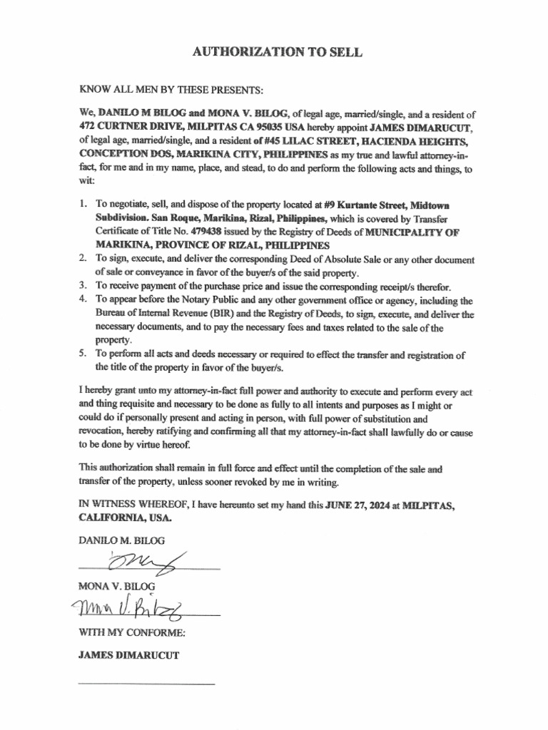 Authorization To Sell - 6-27-24 | PDF