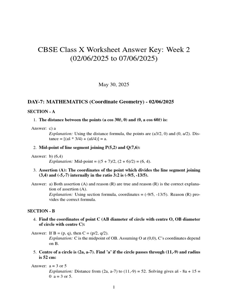 CBSE Class X Worksheet Answer Key: Week 2 (02/06/2025 To 07/06/2025) | PDF | Neuron | Sodium ...