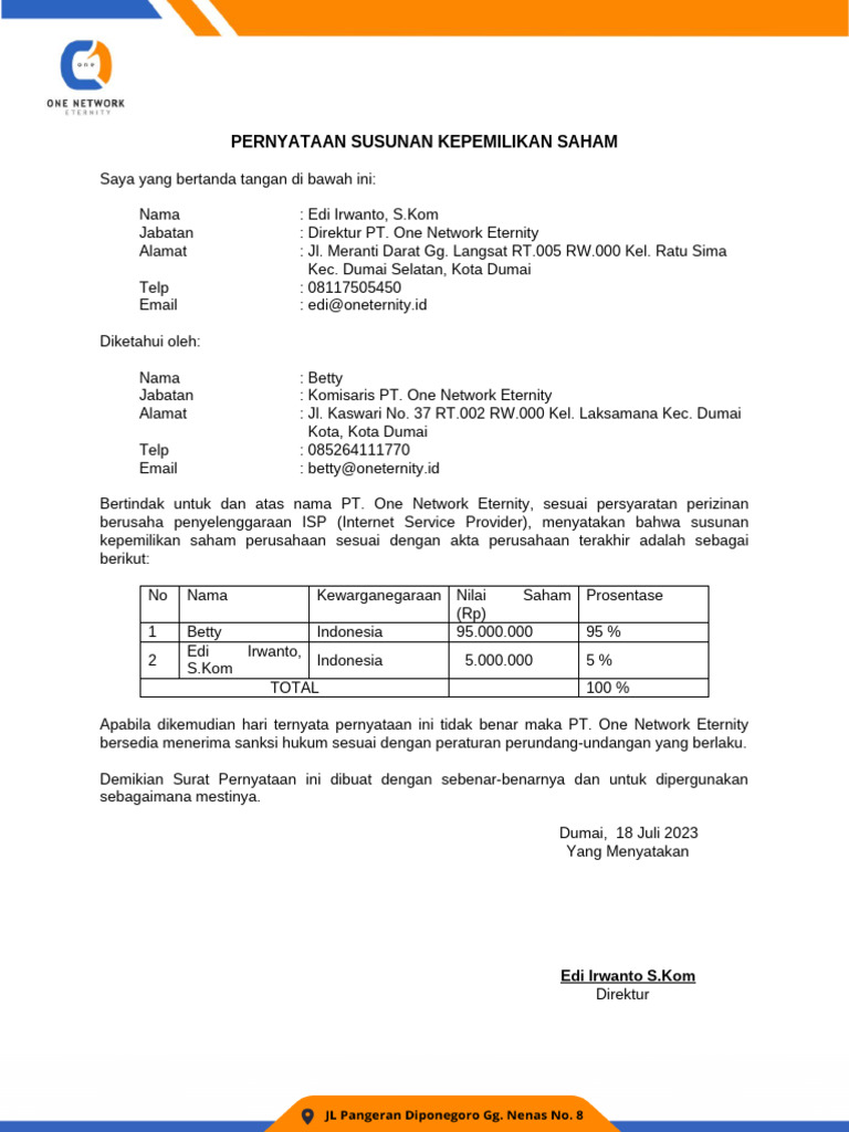 Surat Pernyataan Susunan Kepemilikan Saham - Jasa Tel | PDF