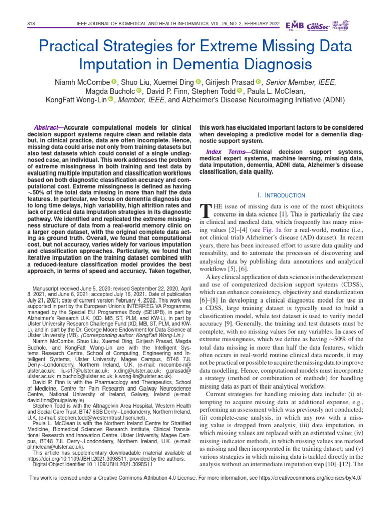 Practical Strategies For Extreme Missing Data Imputation in Dementia Diagnosis | PDF | Cross ...