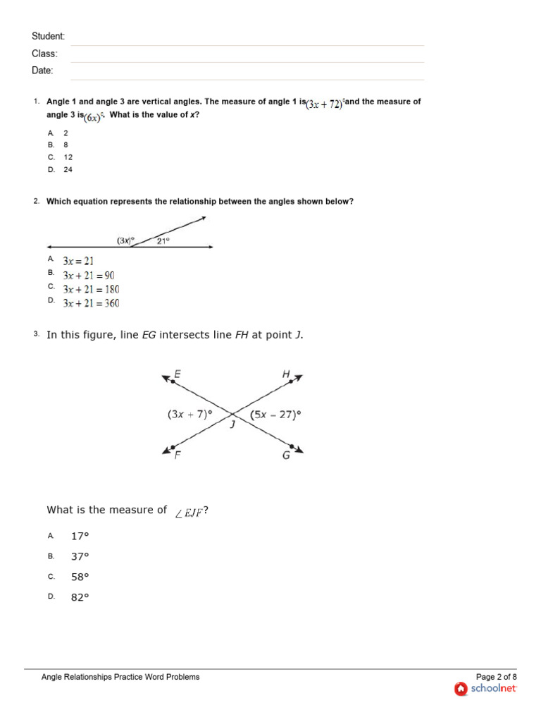 Angle Relationships Worksheet Answers | PDF