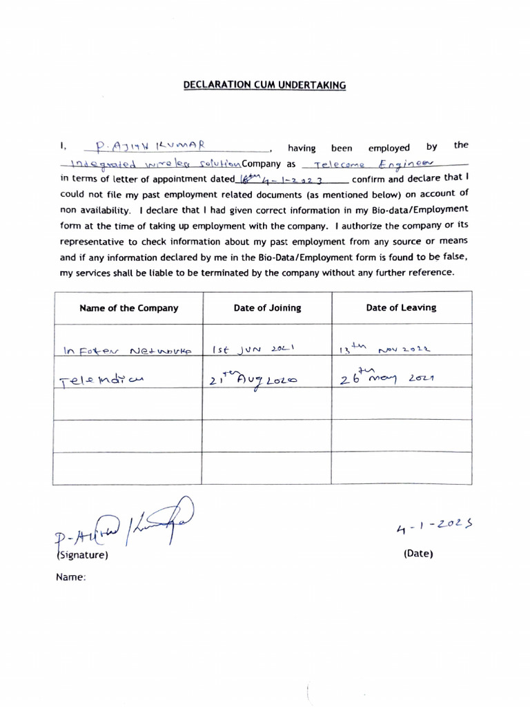 Declaration Cum Undertaking Form | PDF