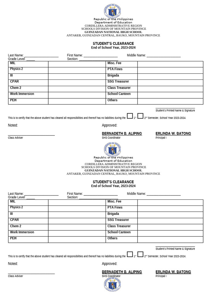Student Clearance Form 2023-2024 | PDF