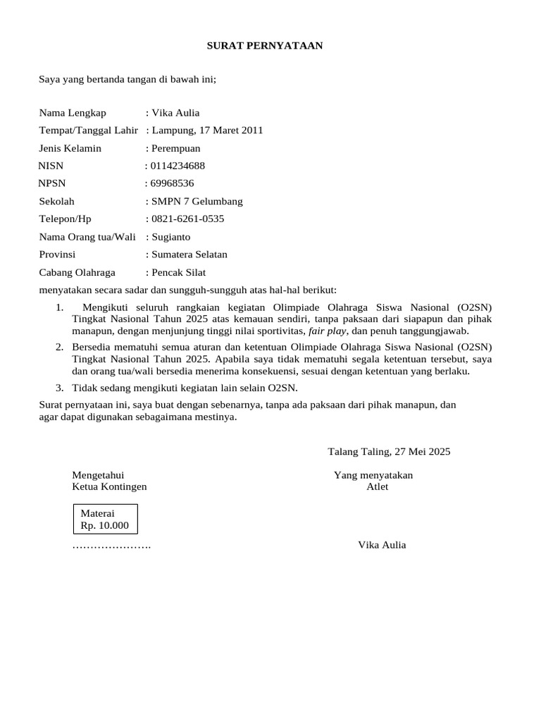 Surat Pernyataan Atlet O2SN 2025 | PDF