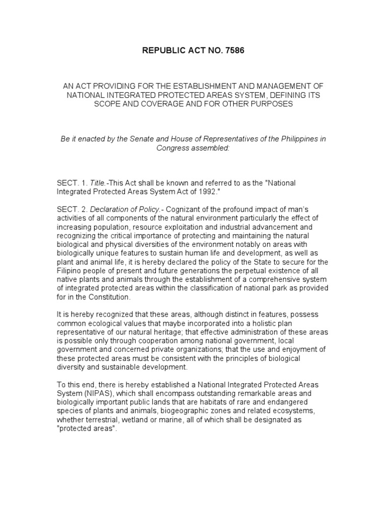 RA 7586 Protected Areas Act of 1992 | PDF | Law | Technology & Engineering