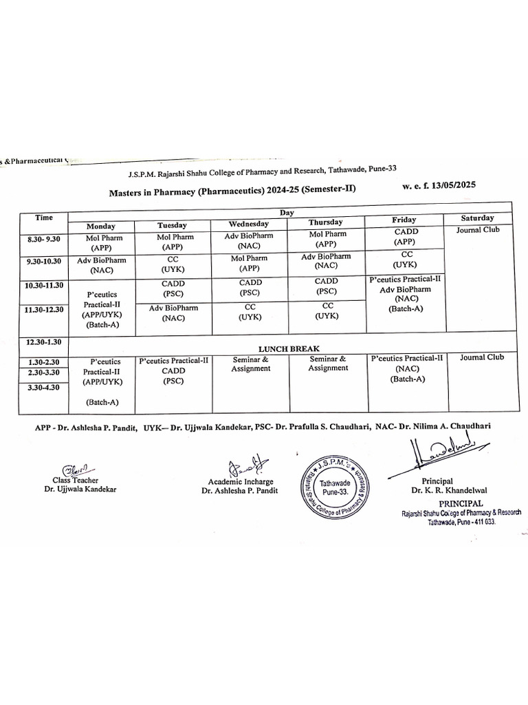 Time Table Sem II Pceutics | PDF