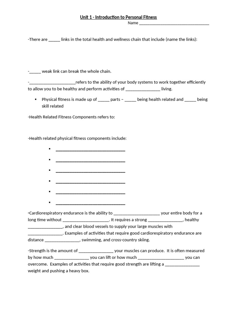 Unit 1 - Introduction To Personal Fitness GRA 18-19 Blank | PDF ...