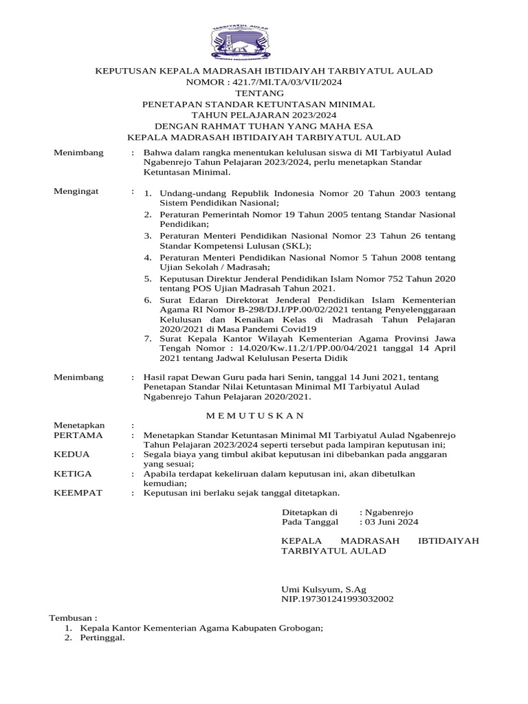 SKM - SK Kriteria Kelulusan Mi Ta | PDF