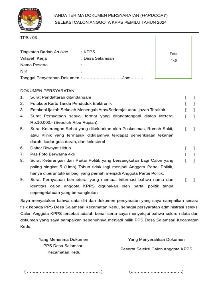 Tanda Terima Dokumen Persyaratan Kpps | PDF
