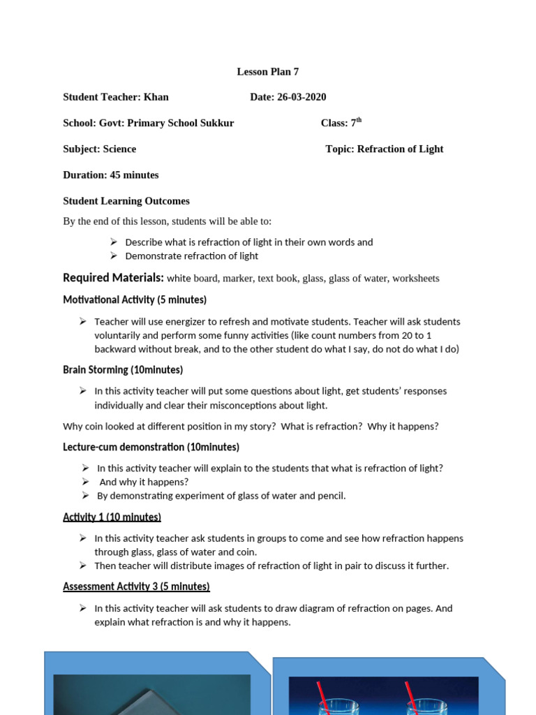 Refraction of Light Lesson Plan | PDF