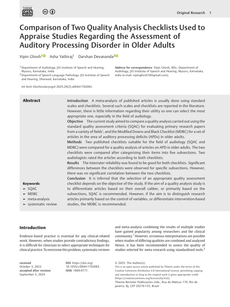 Comparison of Two Quality Analysis Checklists Used | PDF | Audiology ...