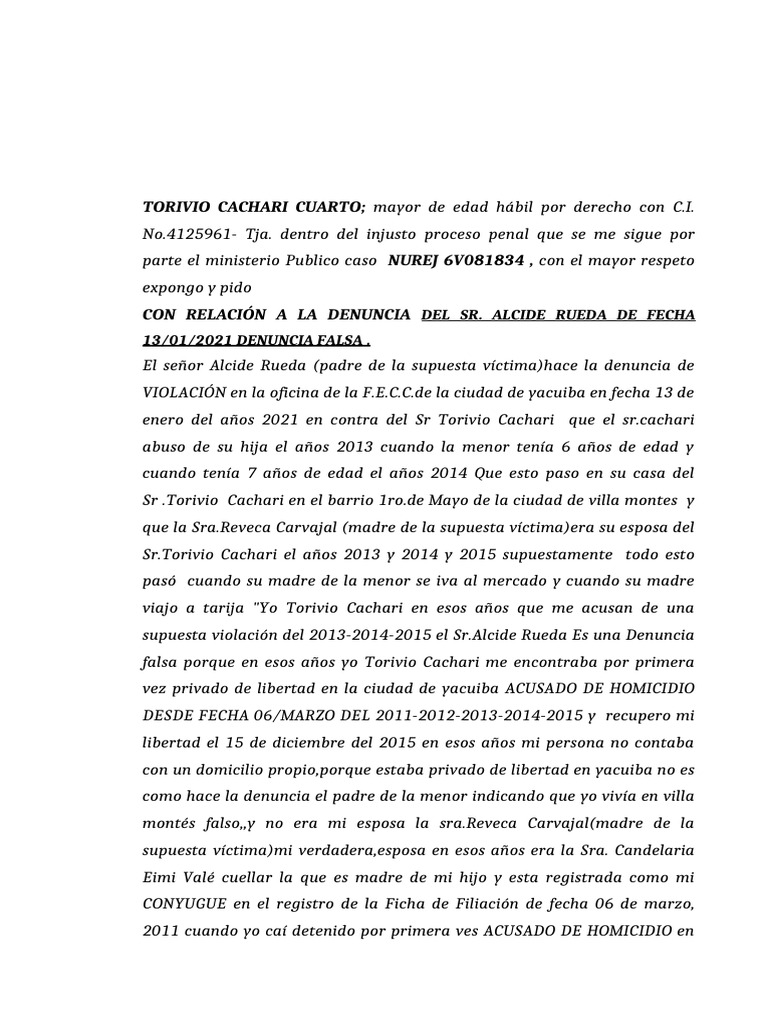 Torivio Cachari Cuarto NUREJ 6V081834, Con Relación A La Denuncia | PDF ...