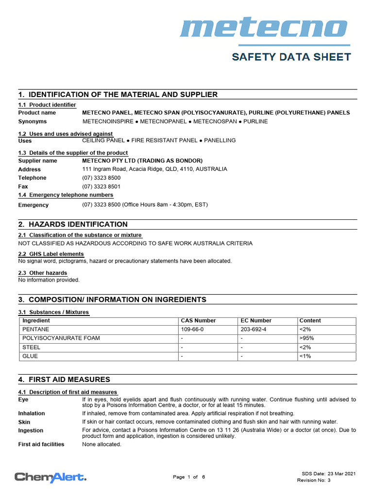 Msds Metecnopanel Metecnospan Polyisocyanurate Purline Polyurethane Panels 2021 | PDF ...
