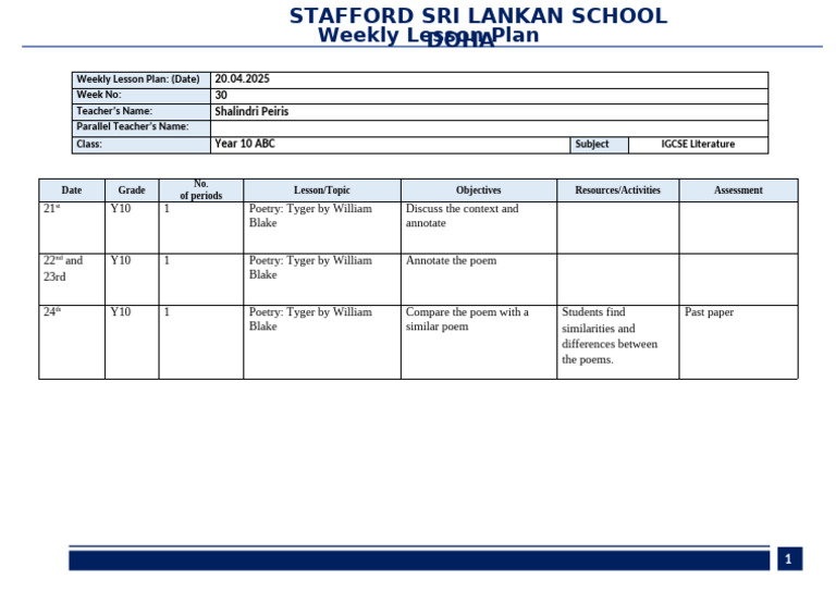 Year 10 IGCSE Literature Lesson Plan | PDF