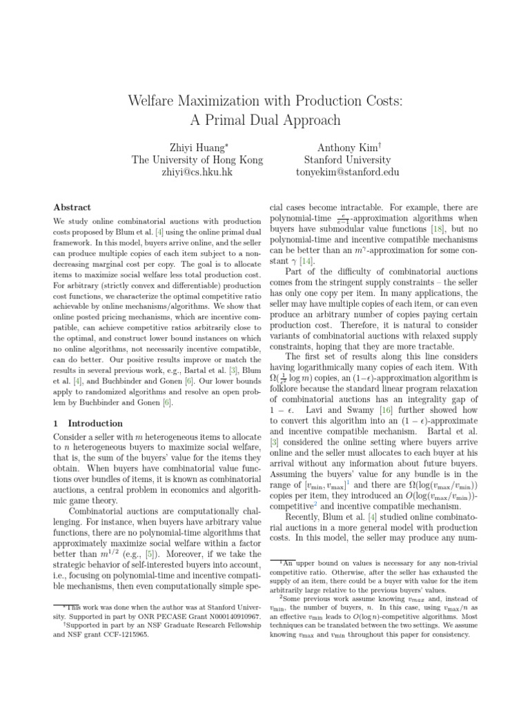 Welfare Maximization With Production Costs - A Primal Dual Approach | PDF | Linear Programming ...