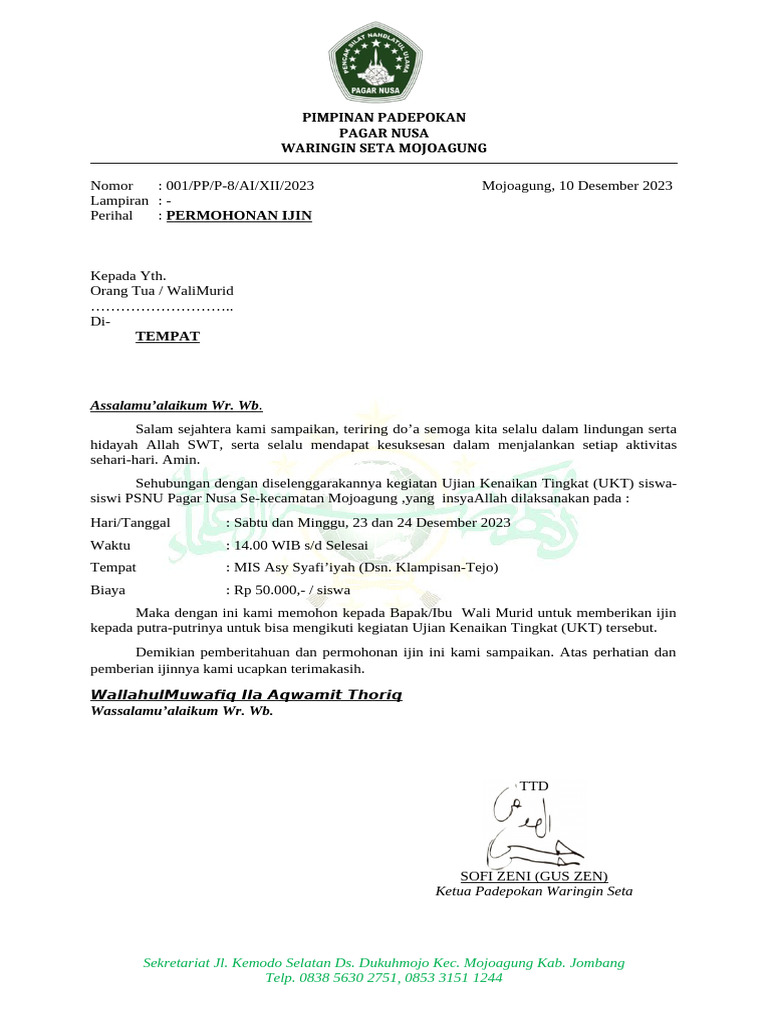 Surat Ijin Ortu Waringin Seta | PDF