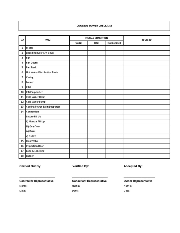 Cooling Tower Checklist: Inspection Form | PDF