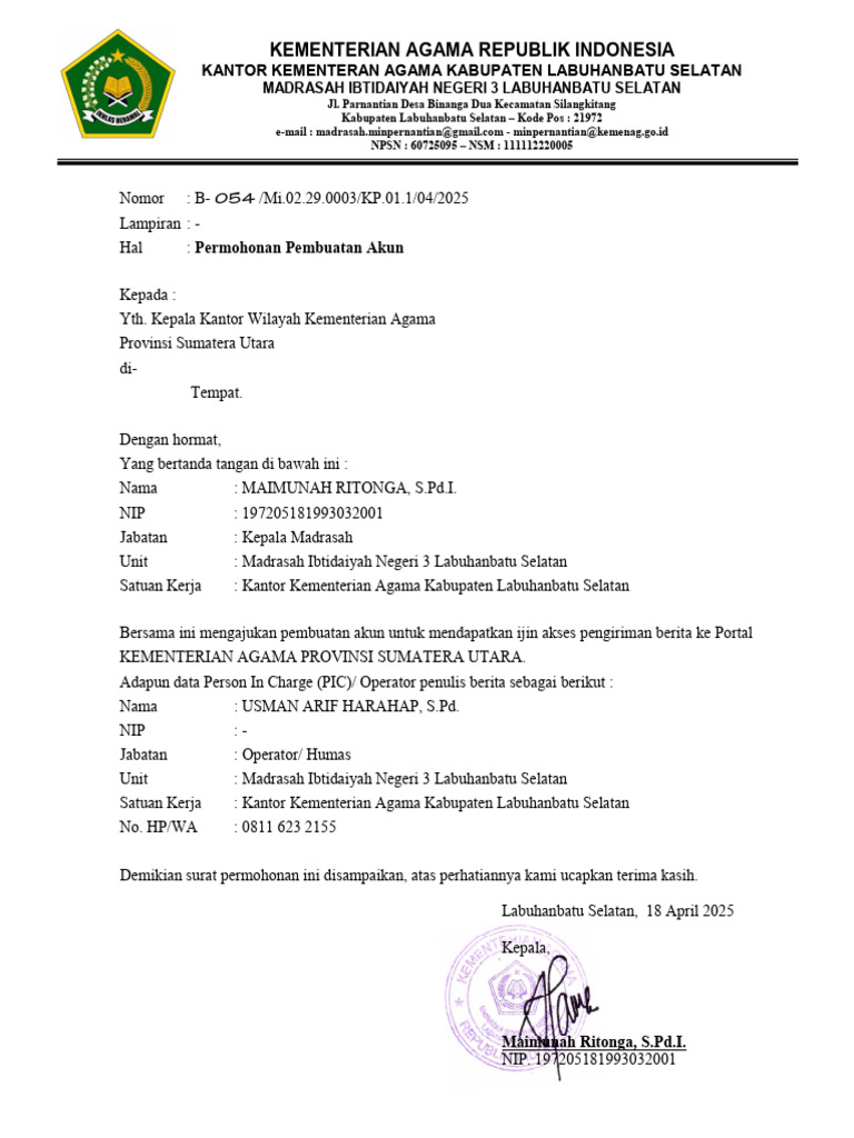 Surat Permohonan Pembuatan Akun Min 3 Labusel | PDF
