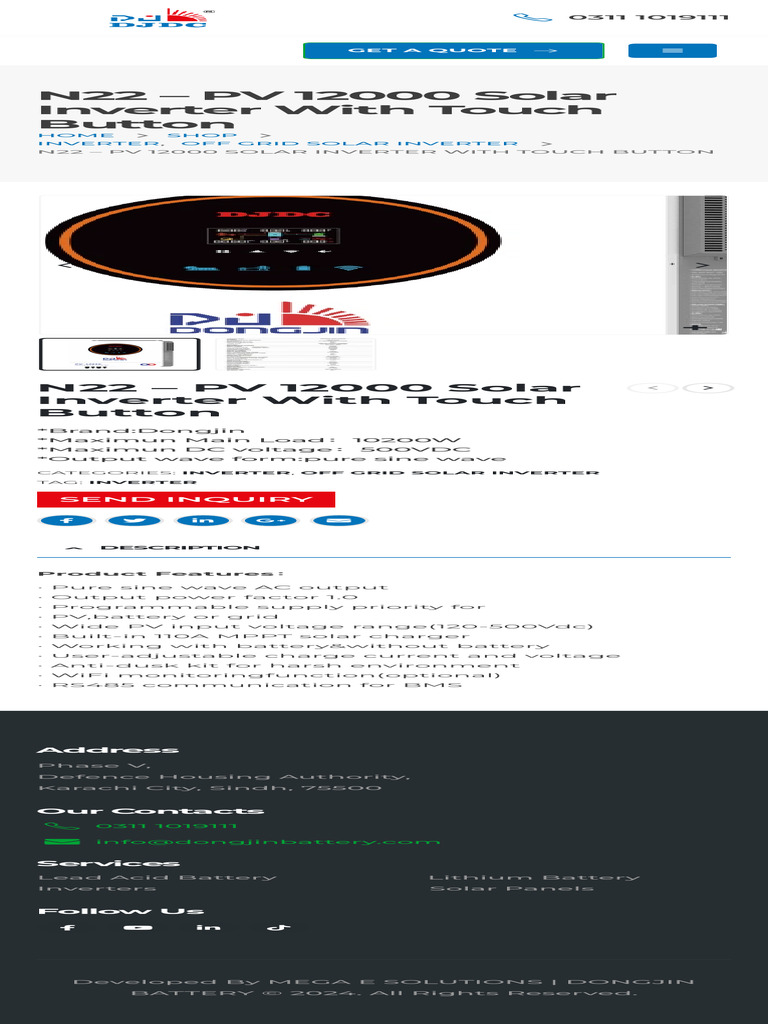 N22 - PV 12000 Solar Inverter With Touch Button - Dongjin Battery | PDF