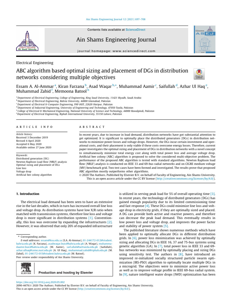 ABC Algorithm Based Optimal Sizing and Placement of DGs in Distribution | PDF | Electric Power ...