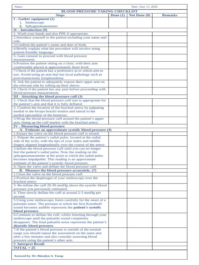 Blood Pressure Measurement Checklist | PDF | Blood Pressure | Angiology