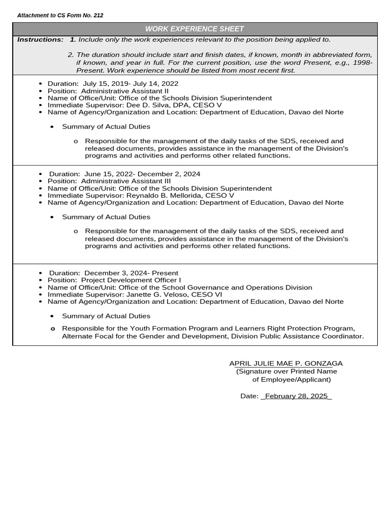 CS Form No. 212 Attachment - Work Experience Sheet | PDF