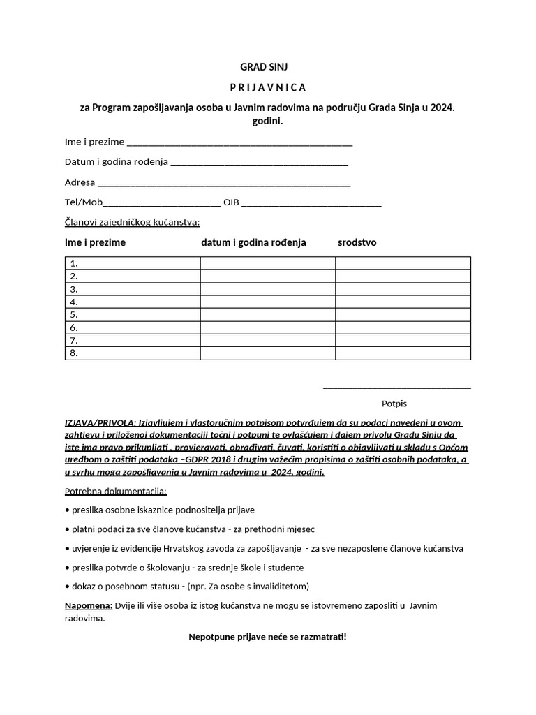 Prijavnica Javni Radovi 2024 1 | PDF