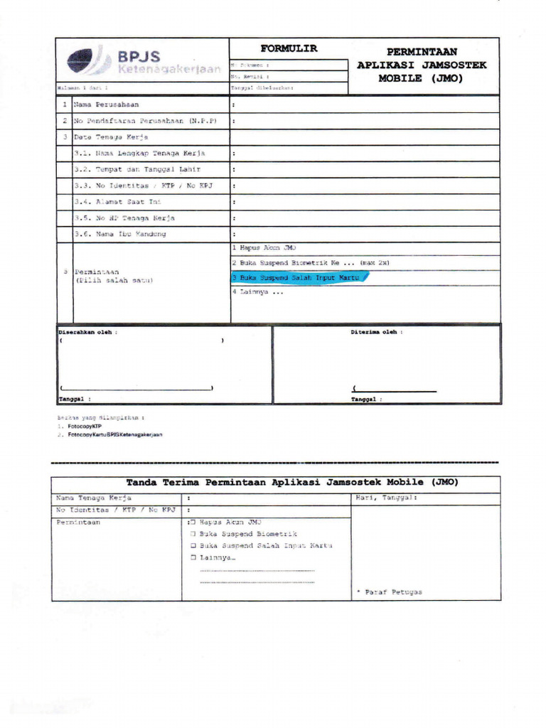 Form Permintaan Aplikasi Jamsostek Mobile | PDF