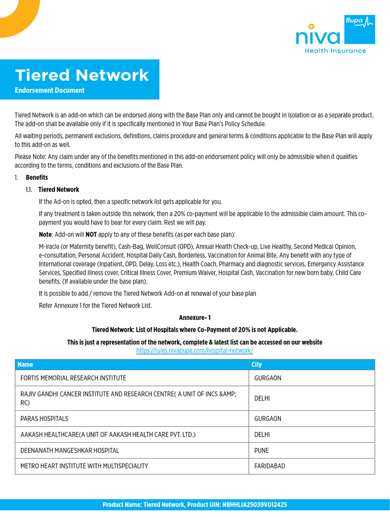 Tiered Network Rider Policy Wording | PDF | Delhi | Health Care