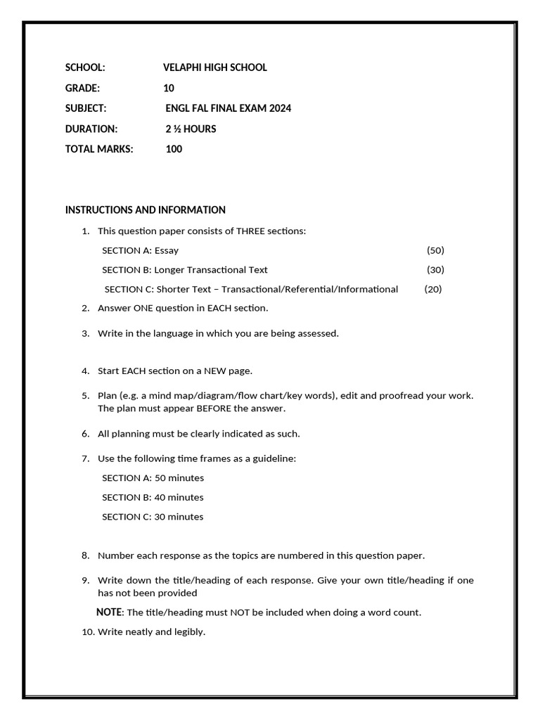 Grade 10 English FAL Exam Paper 2024 | PDF | Essays | Learning